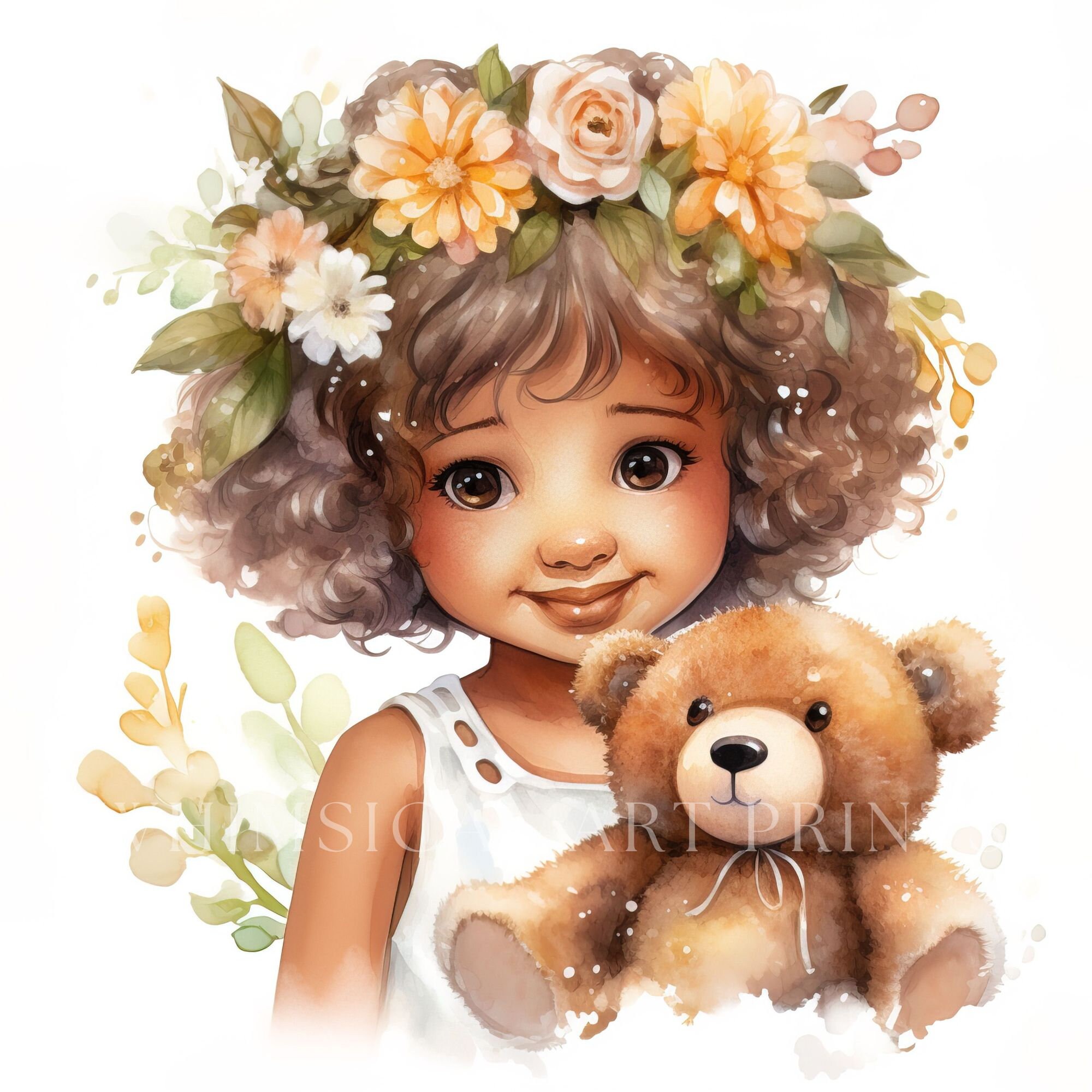 Cute Girl Teddy Bear Clipart, Watercolor Style Illustration, Happy Girl ...