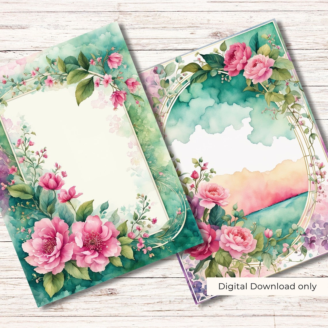 Watercolor Pink Flower Frame: Botanical Digital Paper Pack (10 Jpgs) - Etsy