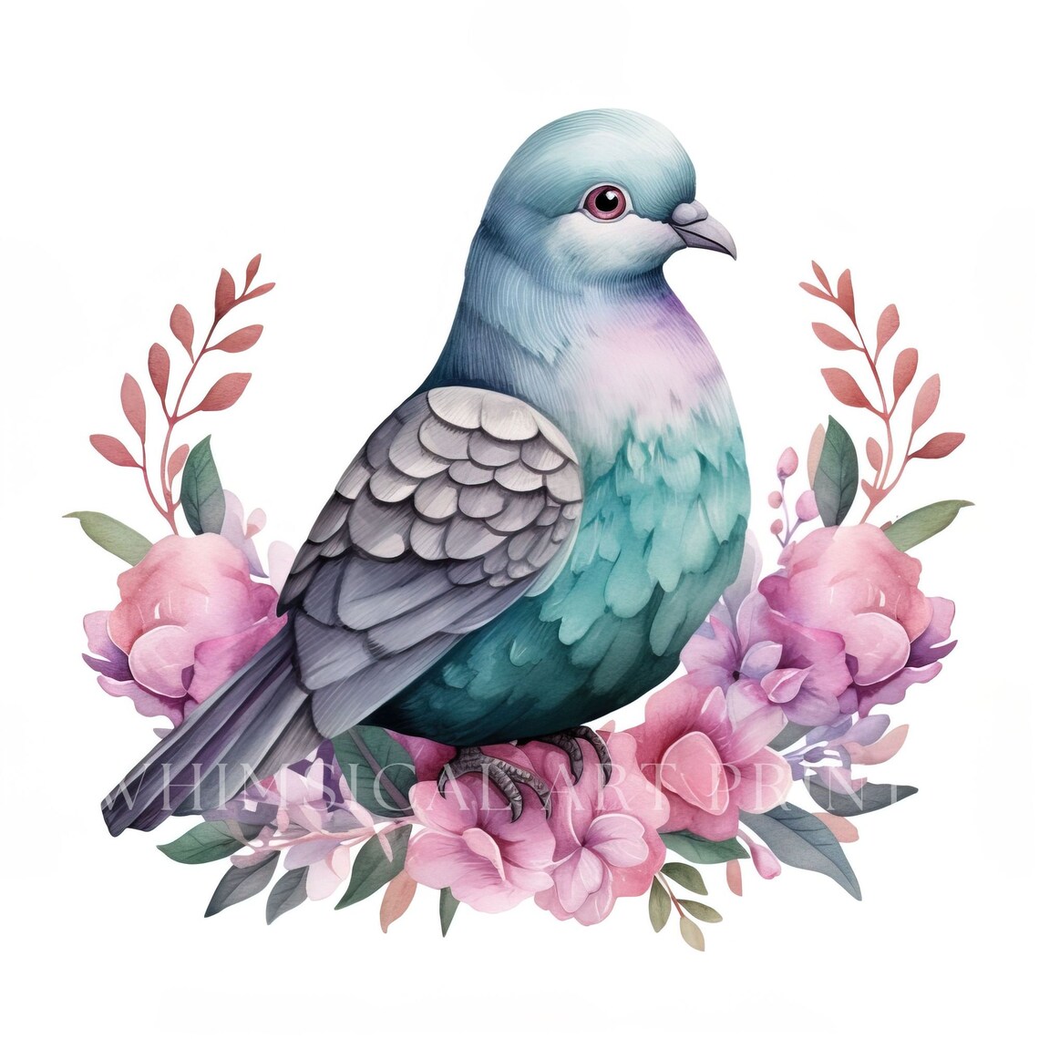 Pigeon Bird Clipart, Flowers, Green Pigeon on Flowery Branch Art ...