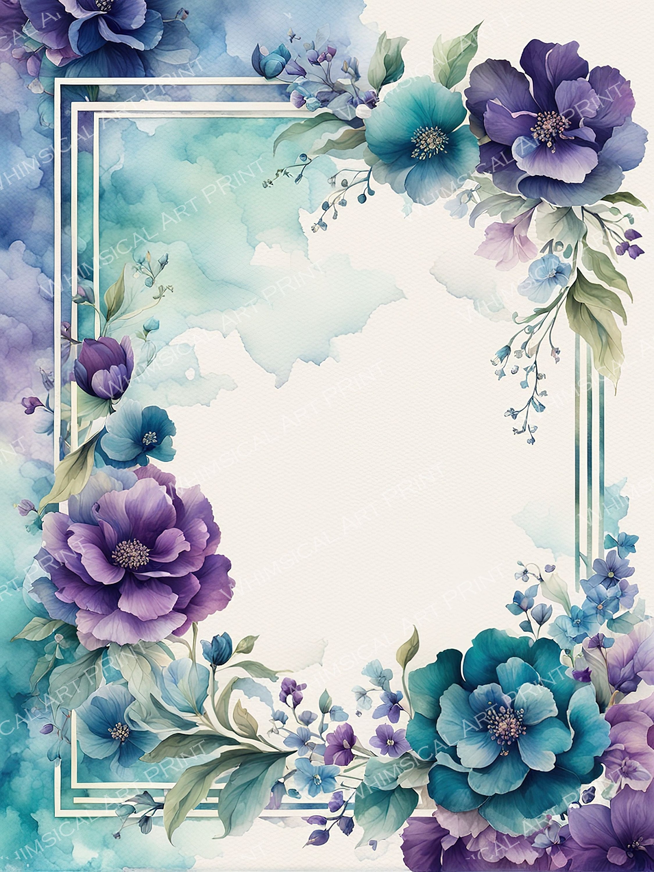 Watercolor Violet Floral Frame Digital Paper Pack, Deep Teal Accents ...