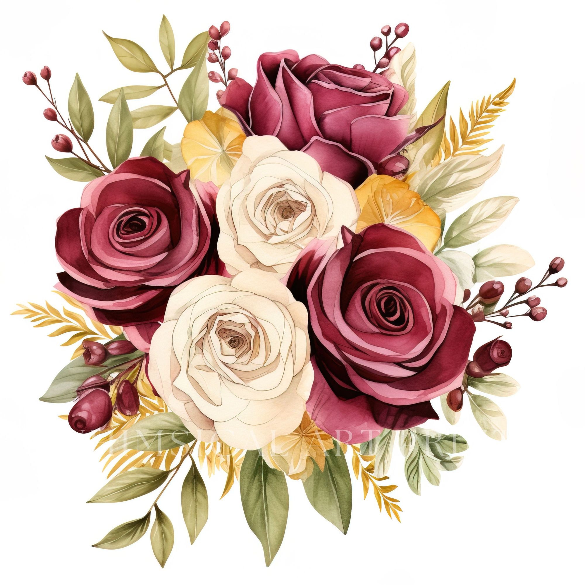Burgundy Roses Bouquet Clipart, Watercolor Red Roses PNG, Wedding Art ...