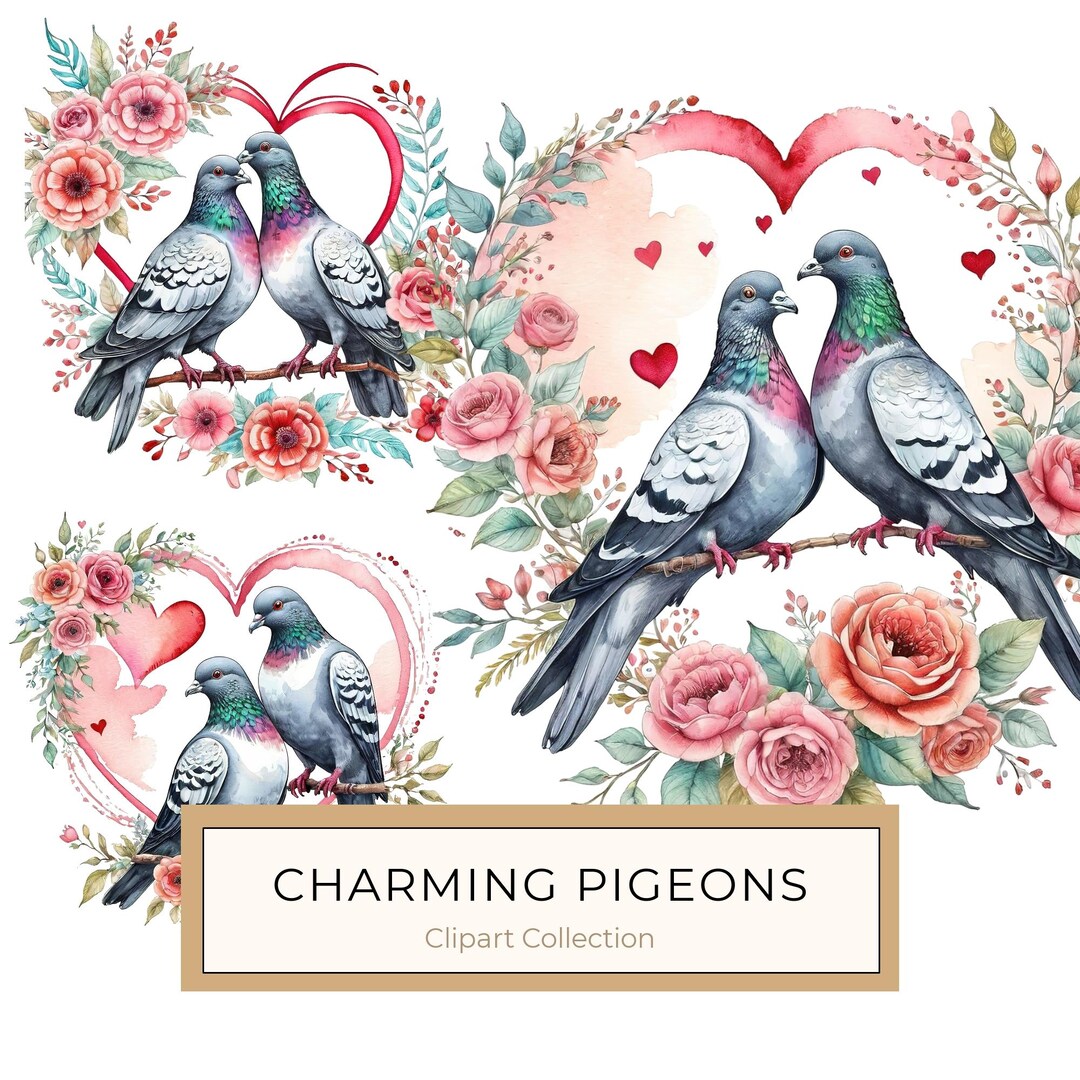 Pombos em aquarela com rosas e corações, rosa suave verde, clipart de ...