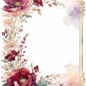 Watercolor Burgundy Pastel Floral Border Digital Paper, Botanical Frame ...