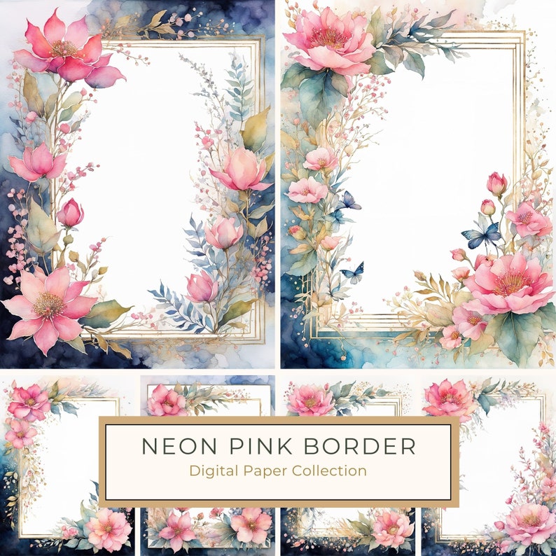 Neon Pink Floral Frame Digital Paper: Boho Wedding Cards (10 Jpgs) - Etsy