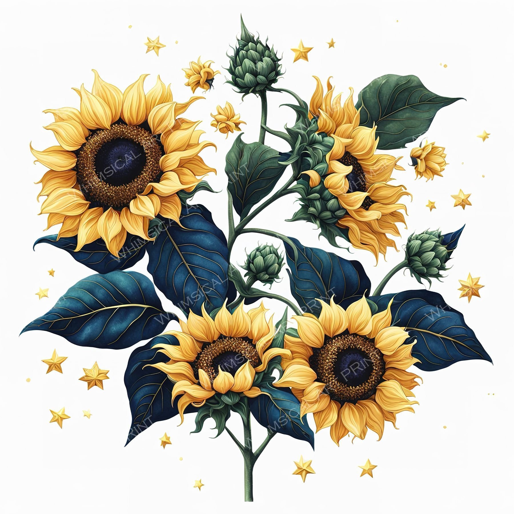 Elegant Celestial Sunflower Clipart, Watercolor Florals on Navy Nebula ...