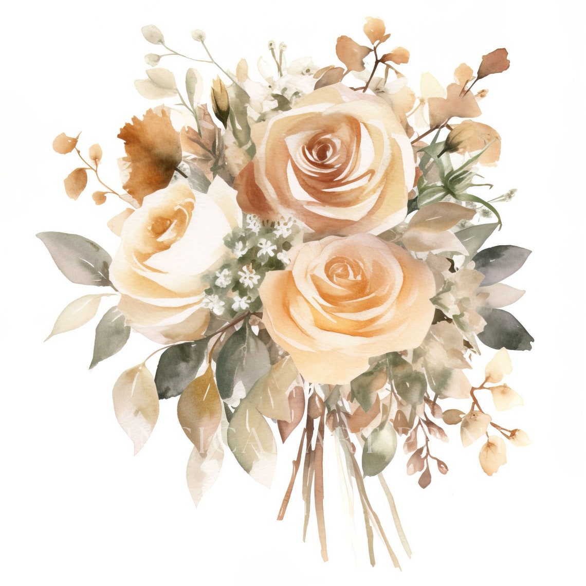 Rustic Roses Clipart, Watercolor Flowers, Ochre Beige Roses Bouquet ...