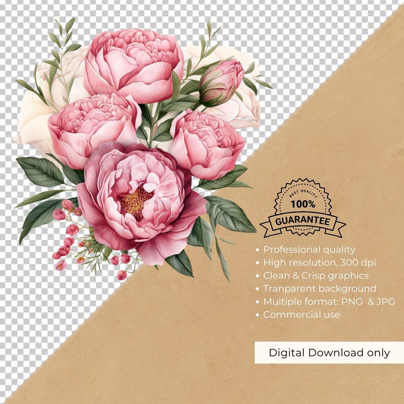 Pink Peonies Clipart, Peony Floral Bouquet PNG, Watercolor Flowers Wall ...