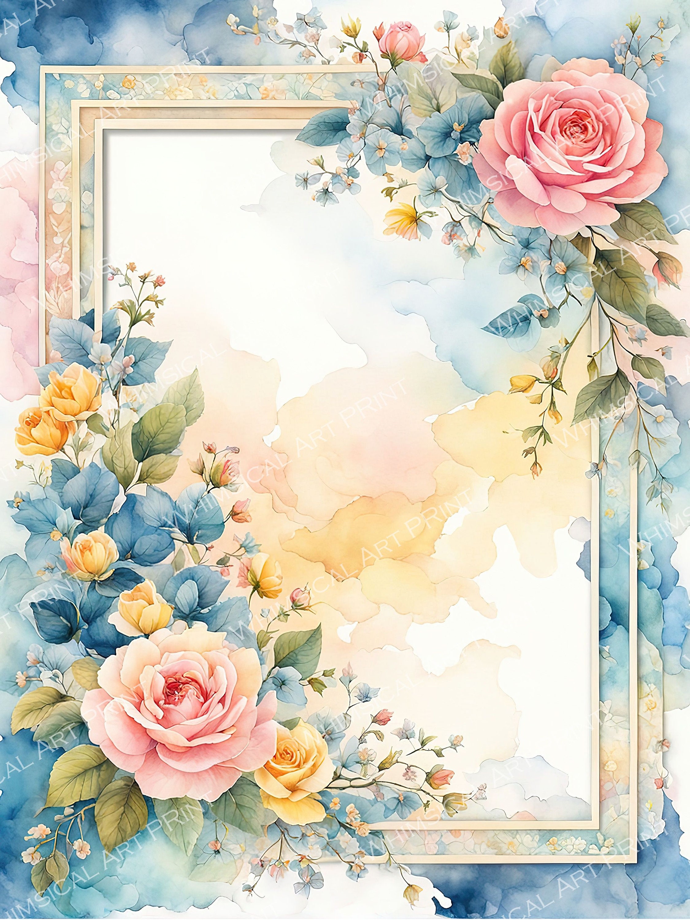 Watercolor Colorful Pastel Flower Border Digital Paper Pack, Botanical ...