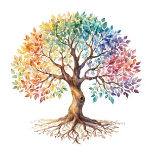 Watercolor Mystical Old Trees: Vibrant Rainbow Colors Tree Clipart ...