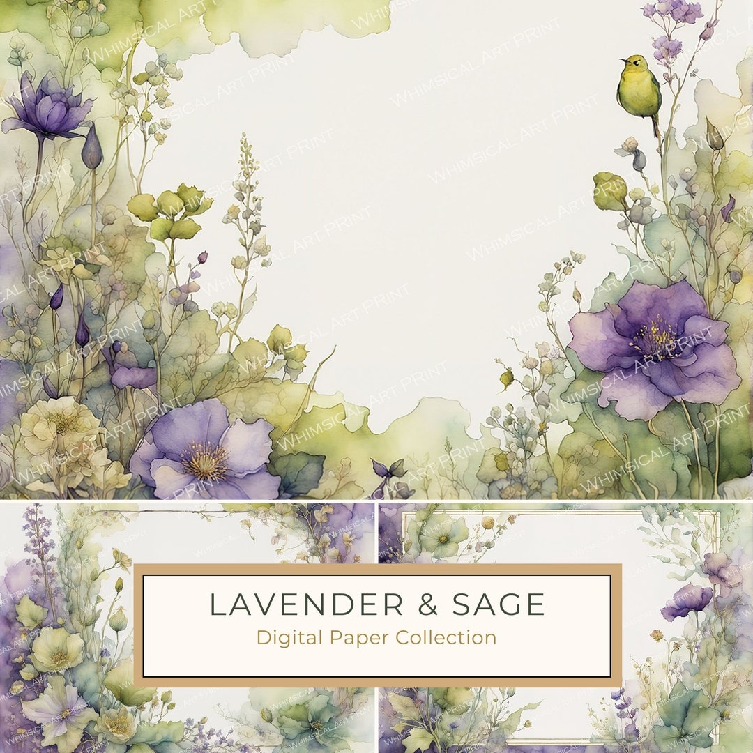 Lavender and Sage Watercolor Floral Frame Digital Paper Pack, Purple ...