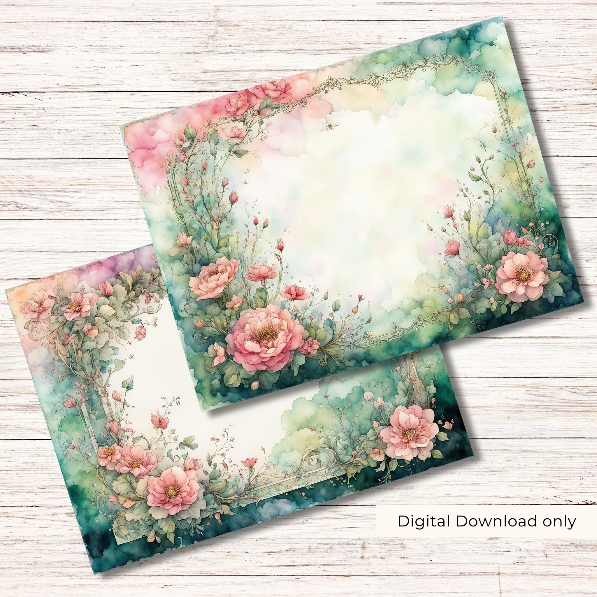 Watercolor Floral Frame Digital Paper: Green & Pink (10 Jpgs) - Etsy