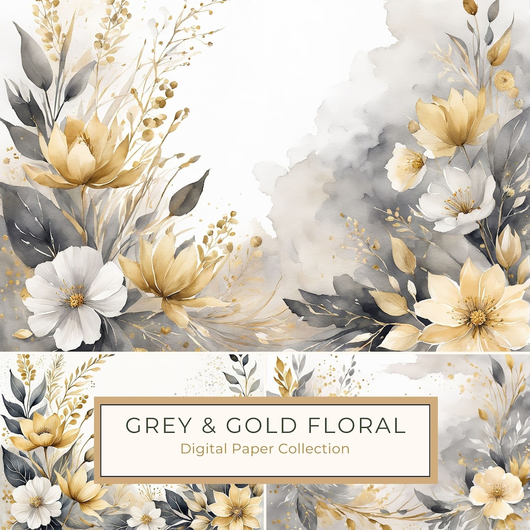 Watercolor Gold Floral Digital Paper: Grey Background (10 Jpgs) - Etsy