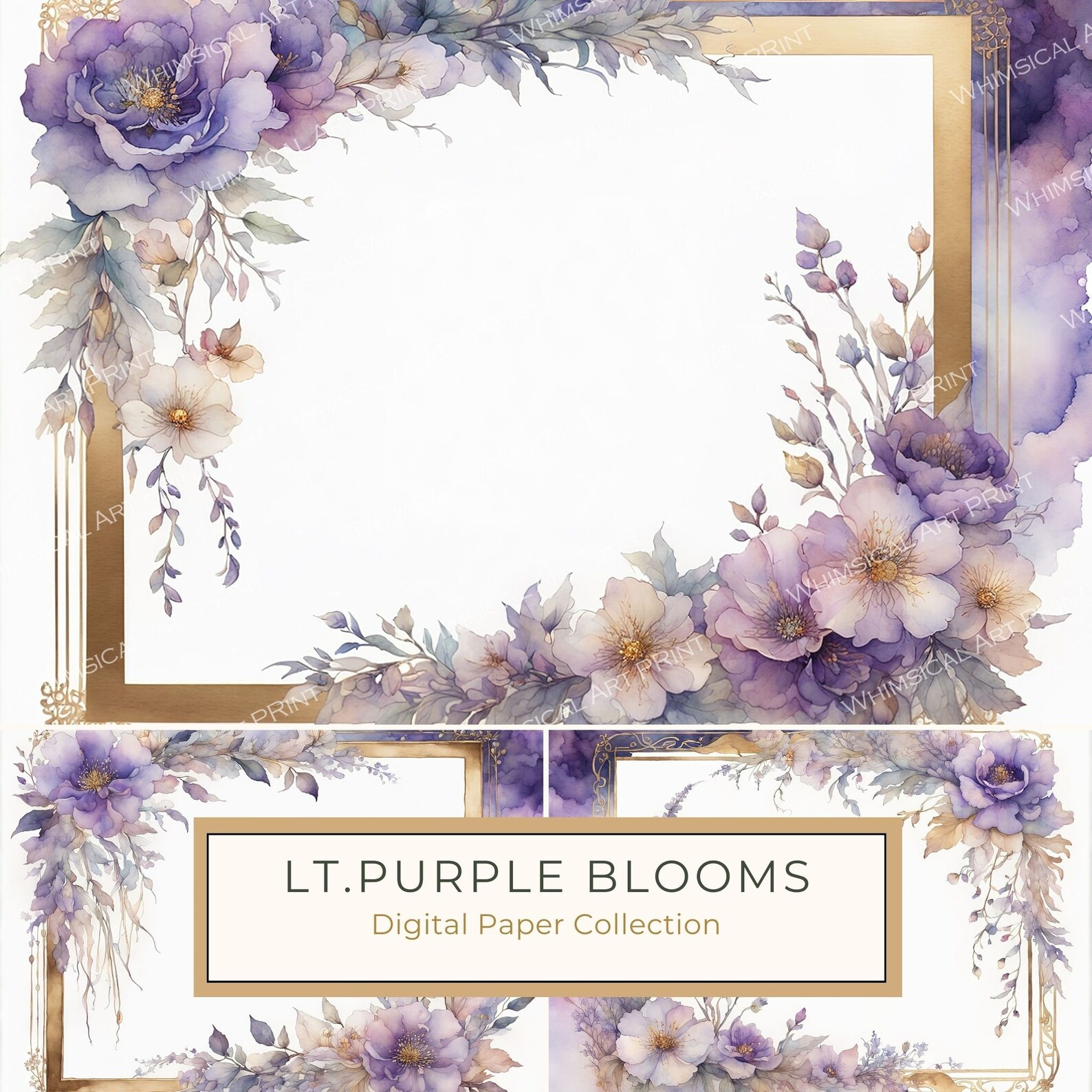 Watercolor Floral Frames: Light Purple & Gold Scrapbook Paper (digital ...