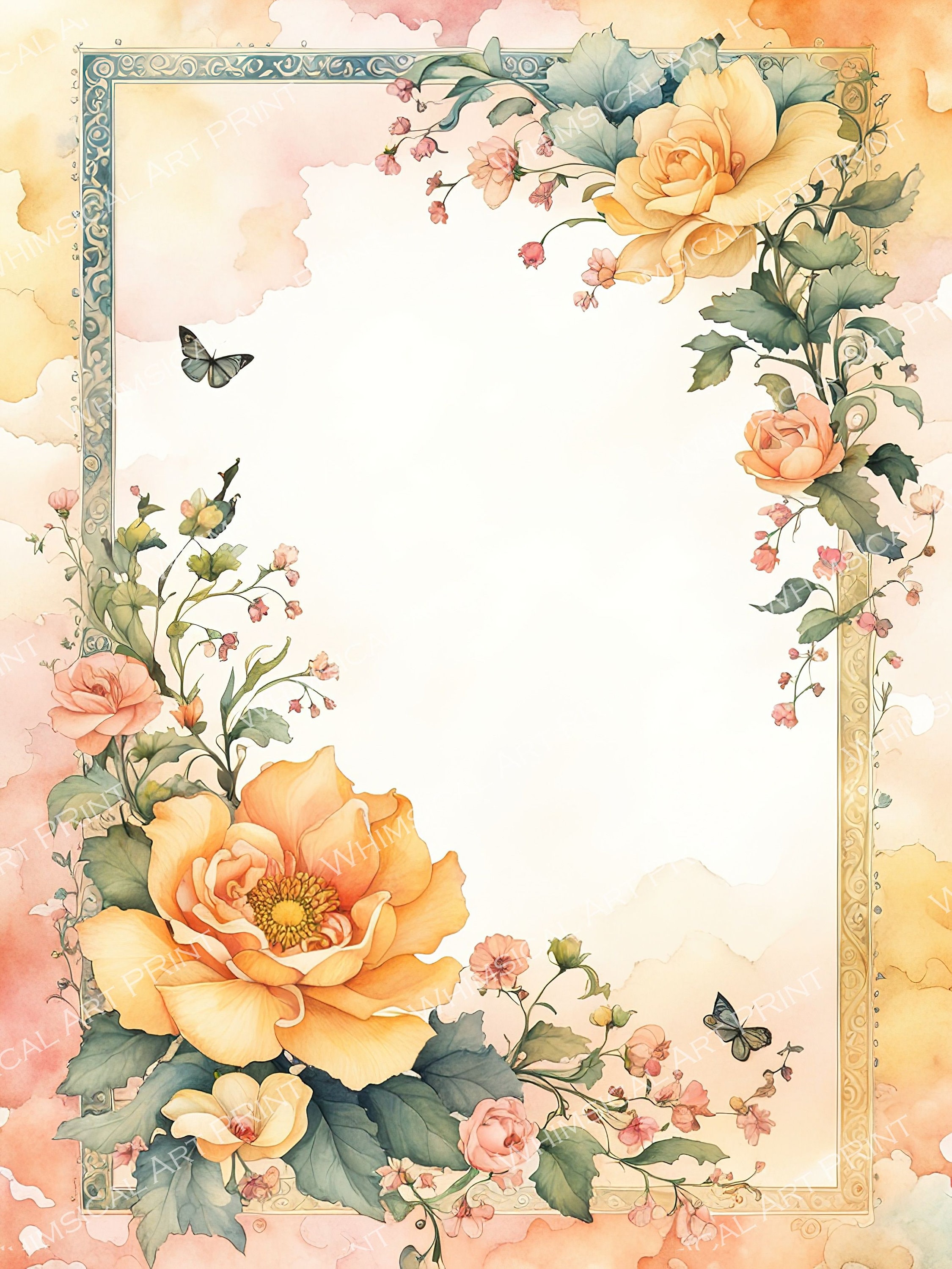 Boho Floral Frame Digital Paper Pack: Yellow and Peach Florals ...