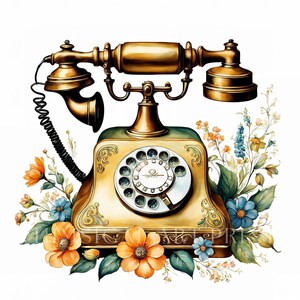 Watercolor Antique Telephones With Flowers: Boho Telephone Clipart ...