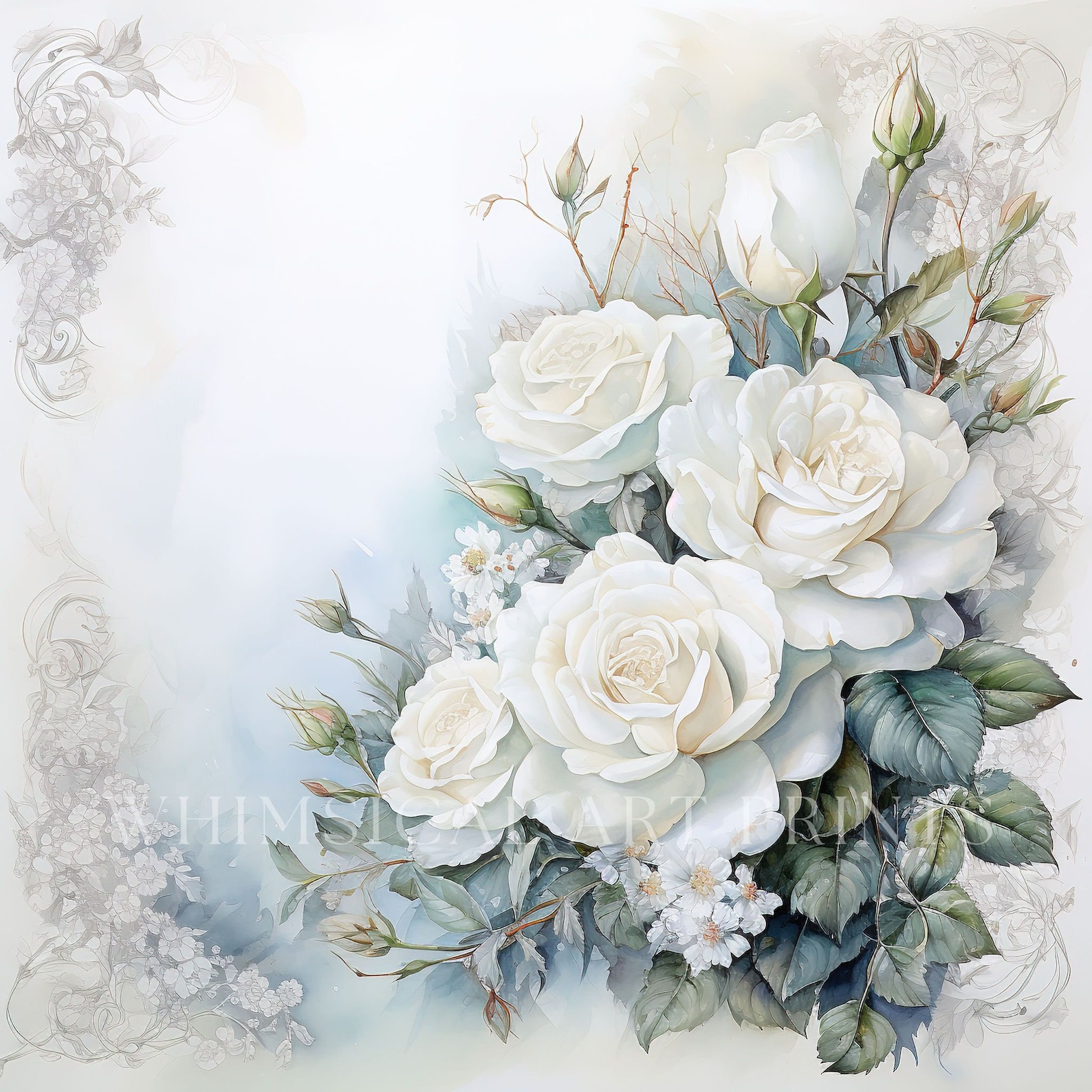 Romantic White Roses Digital Paper, Background Graphics, Watercolor ...
