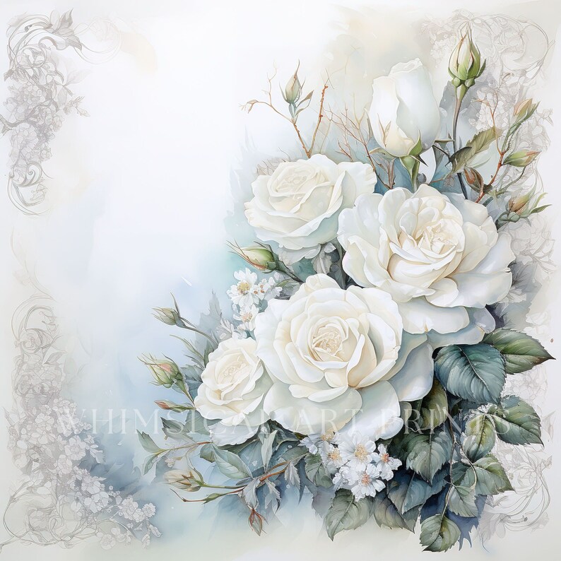 Romantic White Roses Digital Paper, Background Graphics, Watercolor ...