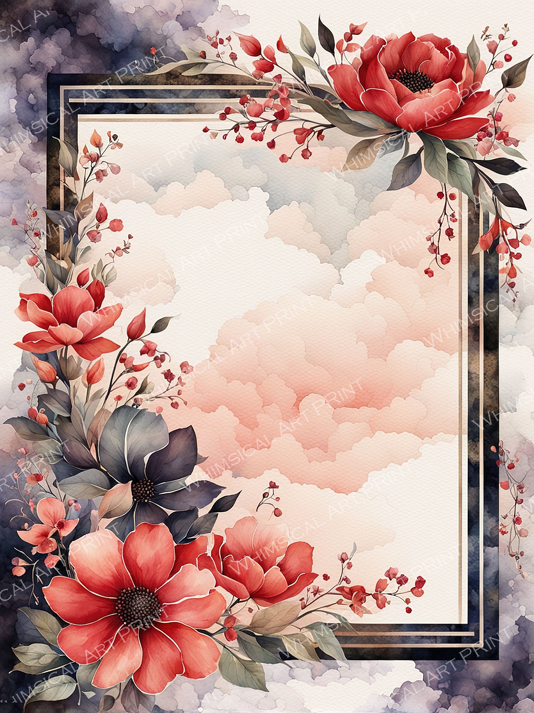 Red Floral Watercolor Frame: Black Accent Digital Paper Set (10 Jpgs ...