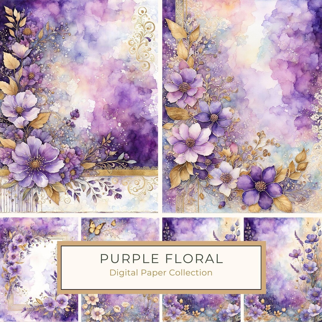Watercolor Purple Floral Digital Paper: Gold Accents (10 JPG ...