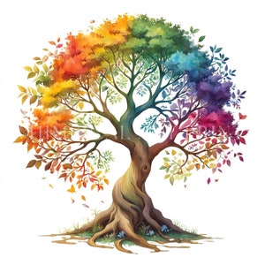 Watercolor Mystical Old Trees: Vibrant Rainbow Colors Tree Clipart ...