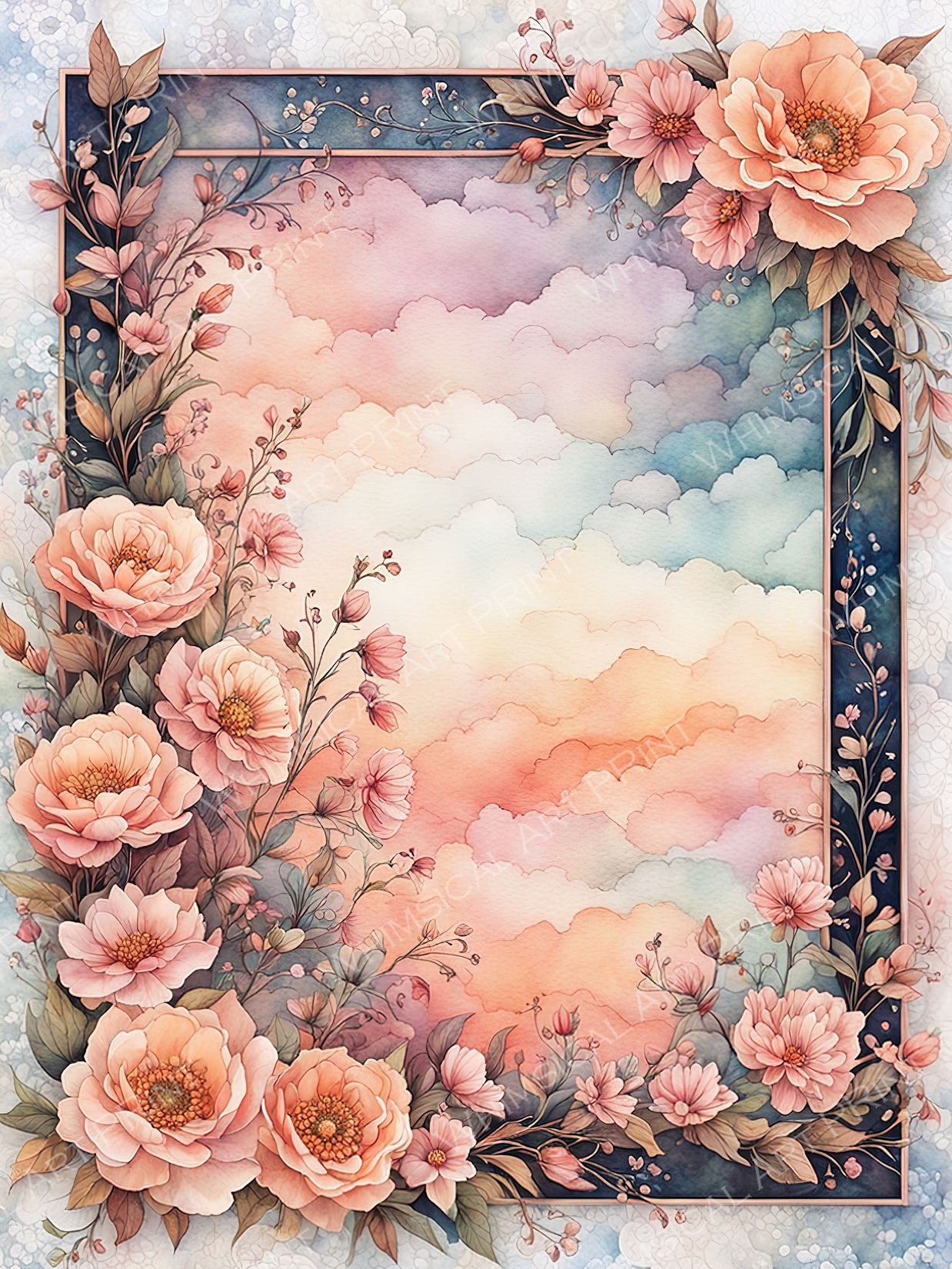 Watercolor Floral Frame Digital Paper: Pastel Peach Botanical Borders ...