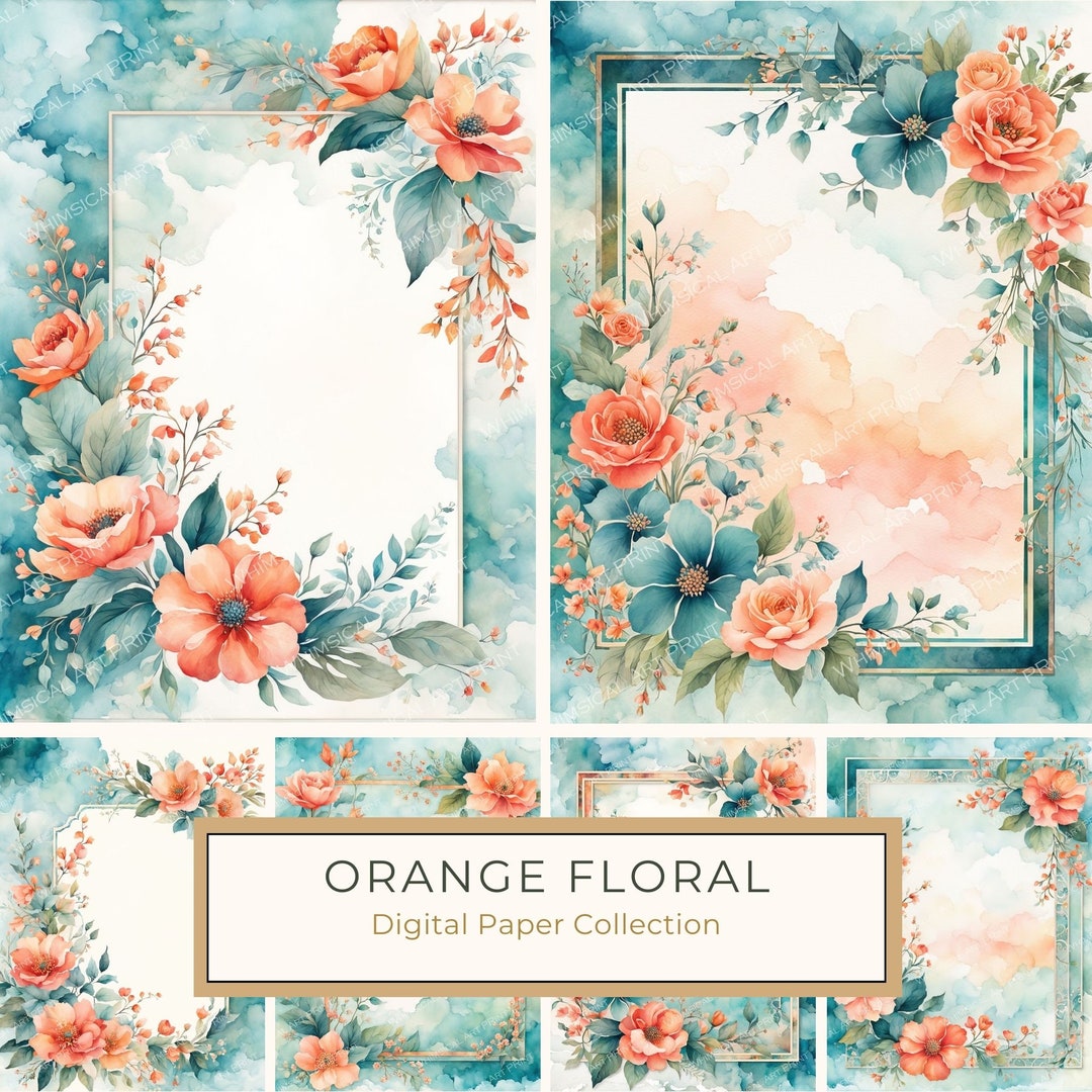 Watercolor Orange Floral Digital Paper Pack: Botanical Borders (10 Jpgs ...
