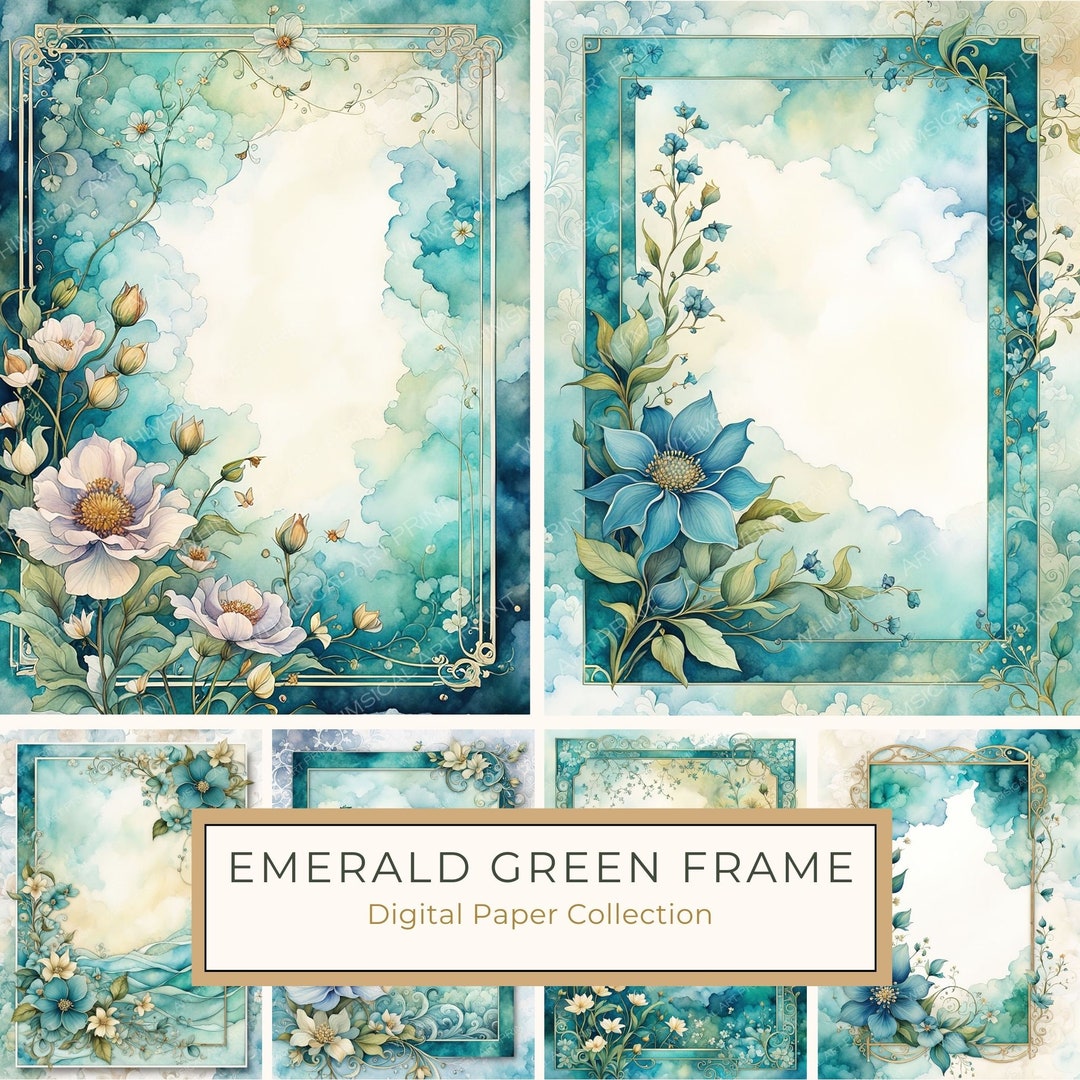 Watercolor Emerald Green Floral Frame Digital Paper Pack: Elegant Page ...
