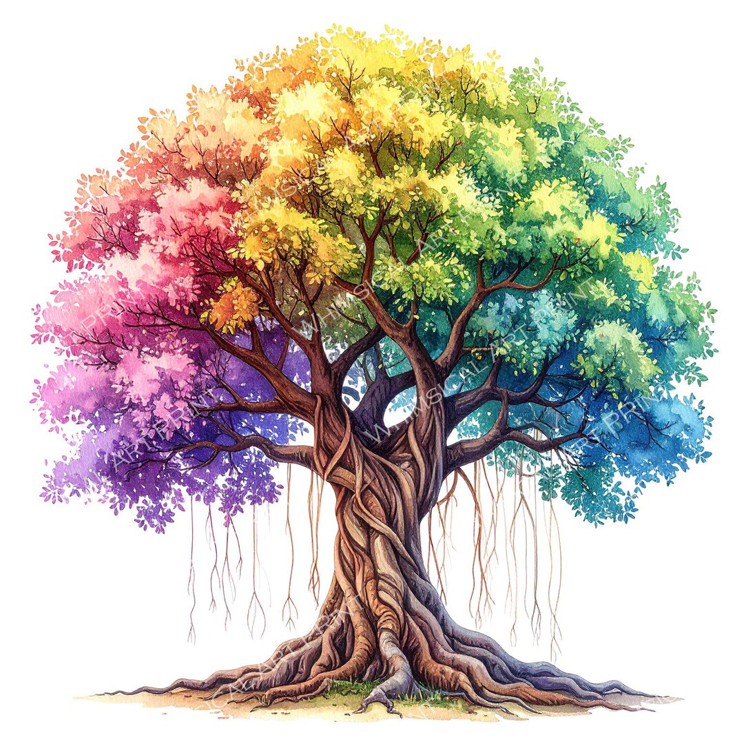 12 Colorful Banyan Tree of Life Clipart PNG - Watercolor Style (digital ...