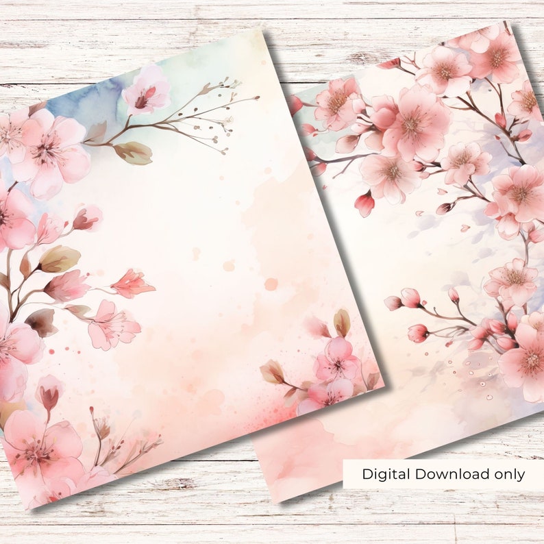Sakura, Cherry Blossoms Digital Paper, Background Graphics, Watercolor ...