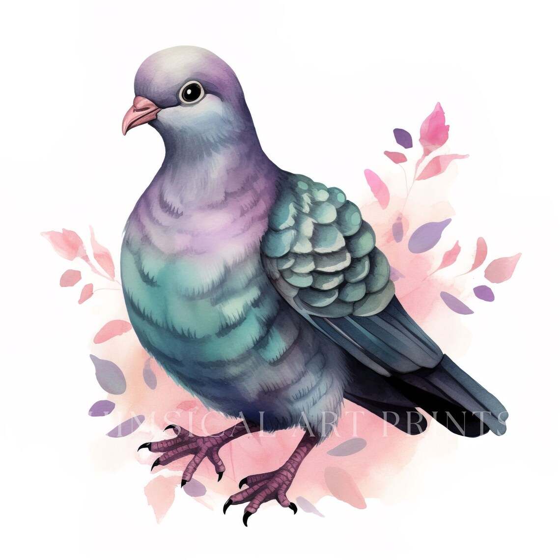 Pigeon Bird Clipart, Flowers, Green Pigeon on Flowery Branch Art ...