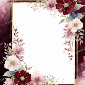 Watercolor Burgundy Pastel Floral Border Digital Paper, Botanical Frame ...