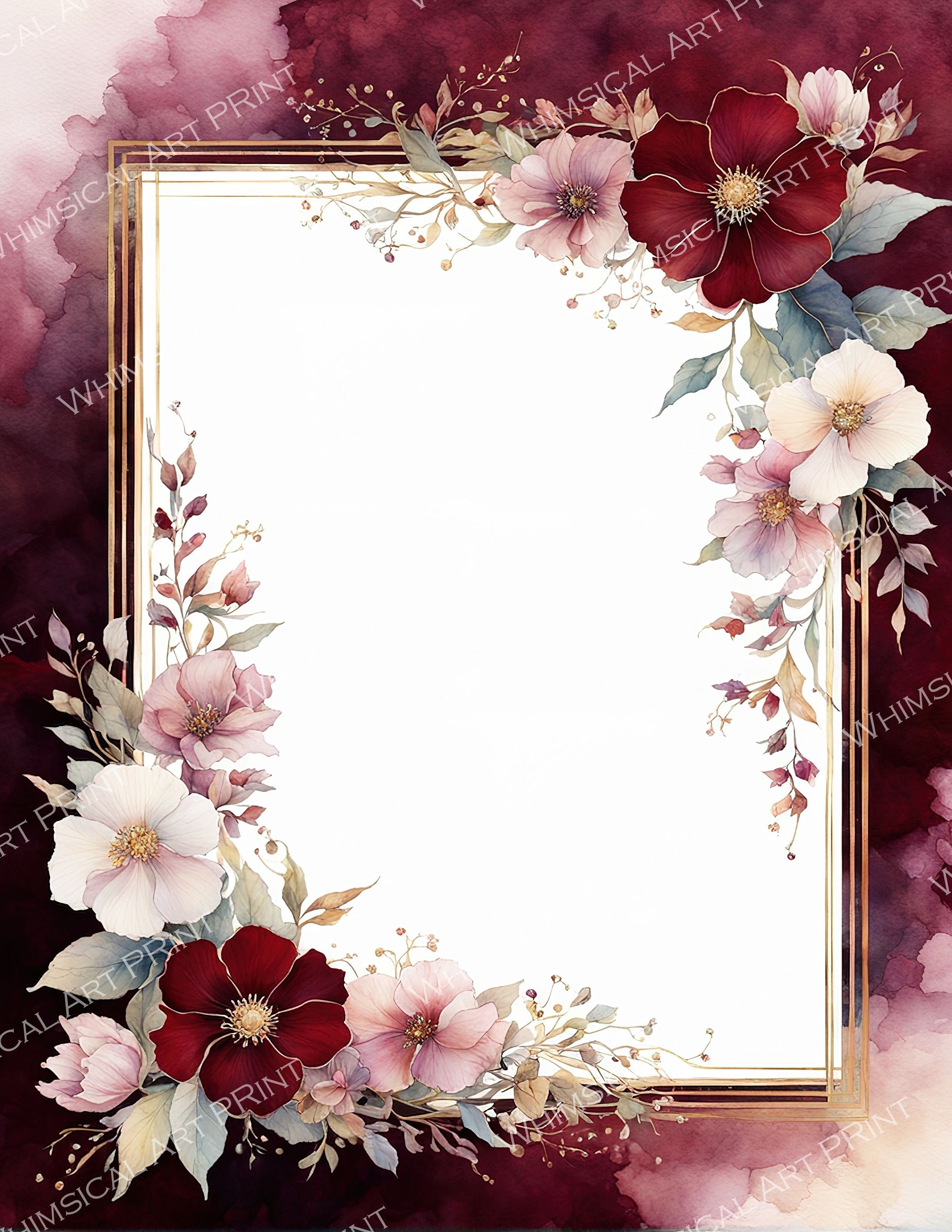 Watercolor Burgundy Pastel Floral Border Digital Paper, Botanical Frame ...