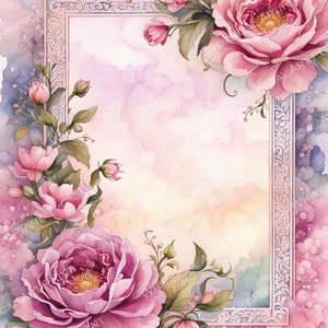 Watercolor Floral Frame Digital Paper: Pink & Mauve Botanical Borders ...