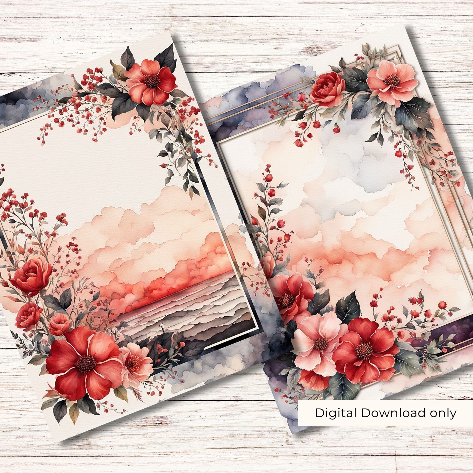 Red Floral Watercolor Frame: Black Accent Digital Paper Set (10 Jpgs ...
