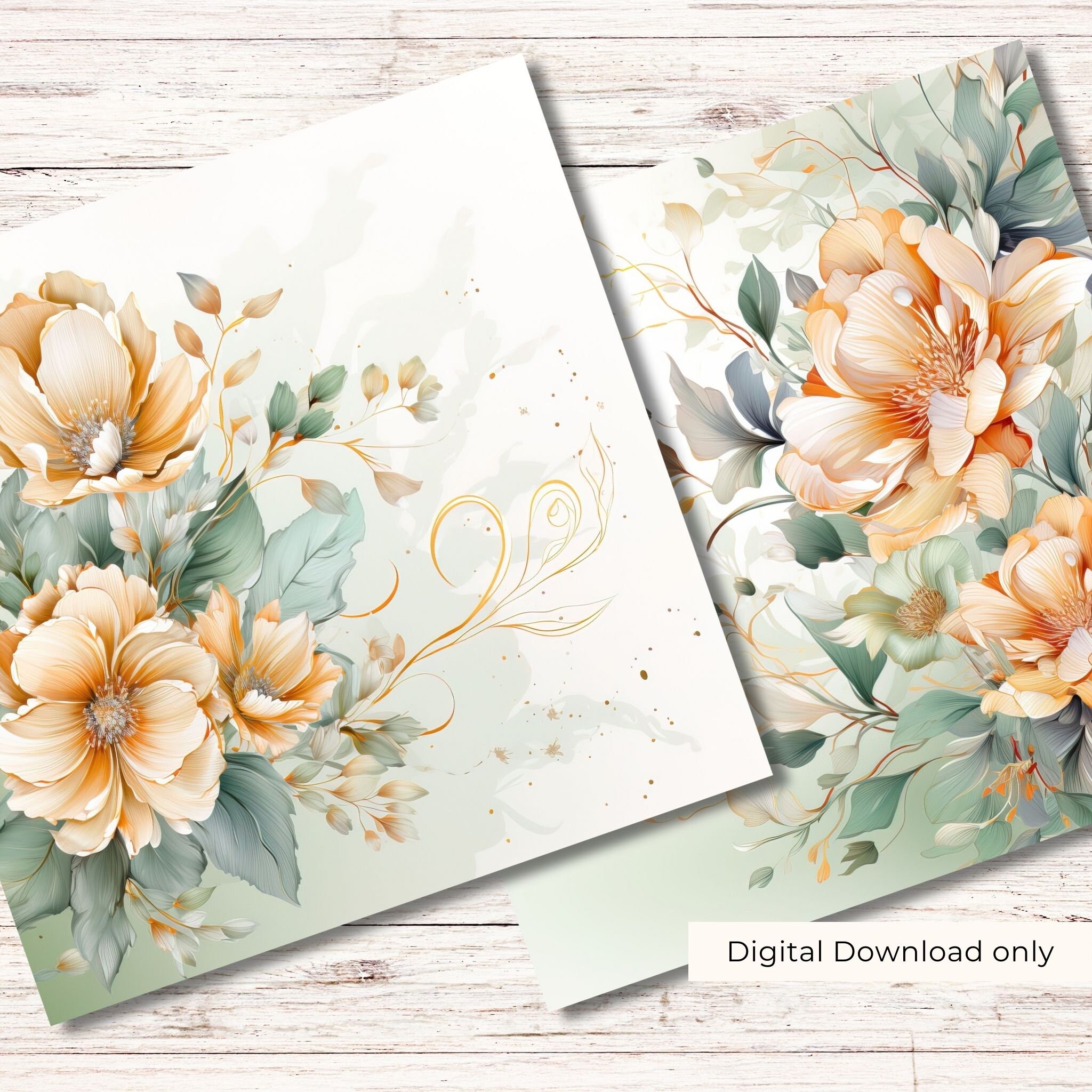 Peach & Sage Floral Digital Paper: Watercolor Flower Graphics (300 DPI ...