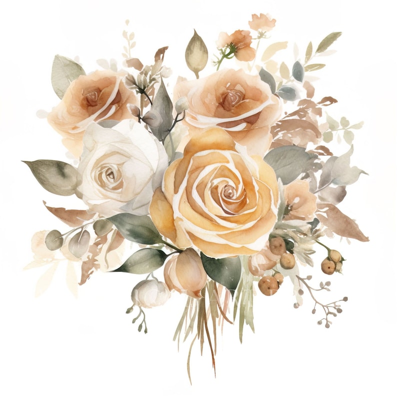 Rustic Roses Clipart, Watercolor Flowers, Ochre Beige Roses Bouquet ...