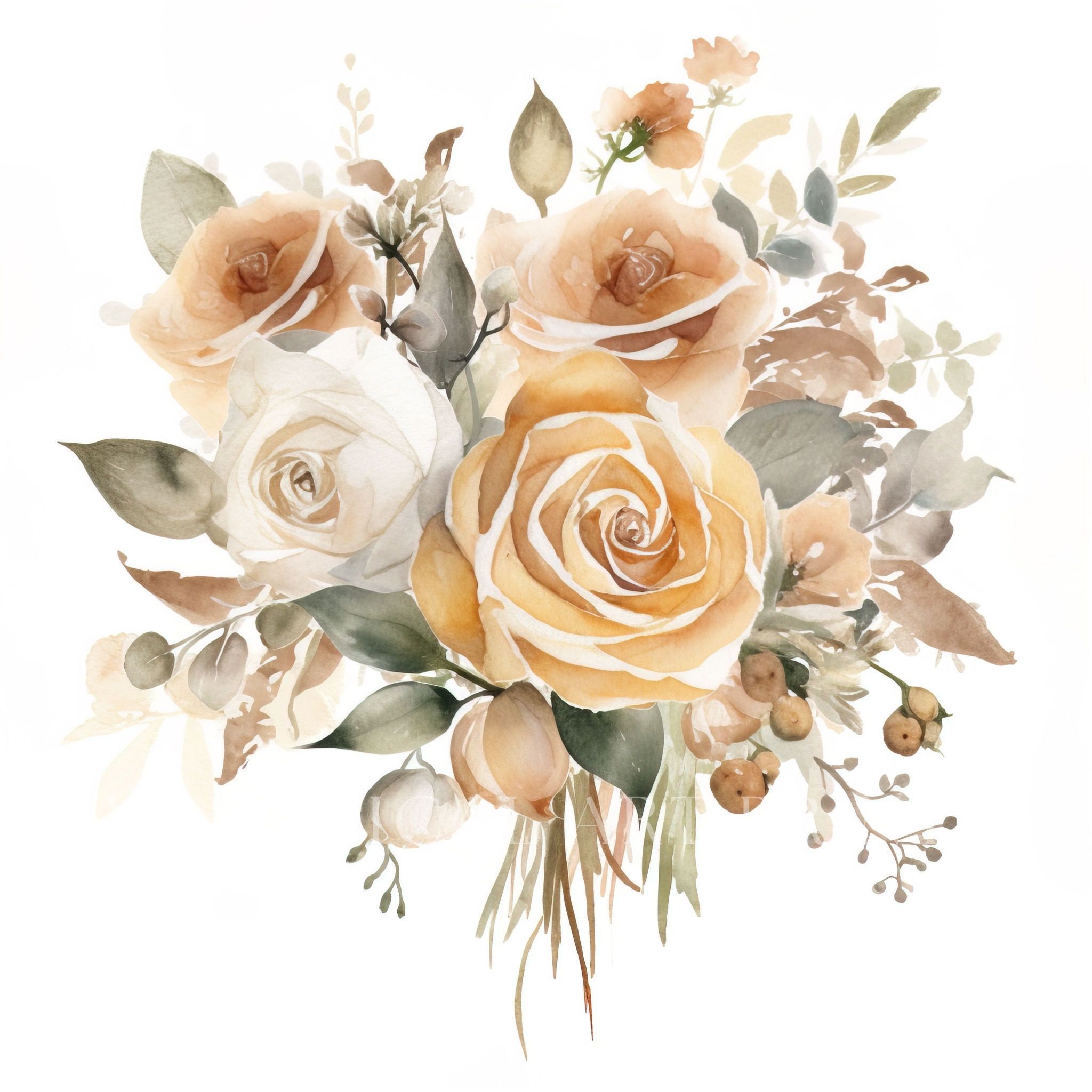 Rustic Roses Clipart, Watercolor Flowers, Ochre Beige Roses Bouquet ...