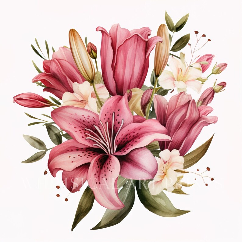 Pink Lilies Clipart, Bouquet Clipart, Watercolor Lily Flowers ...