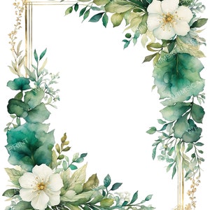 Emerald Green Floral Frame: Botanical Watercolor Art (10 Jpgs Digital ...