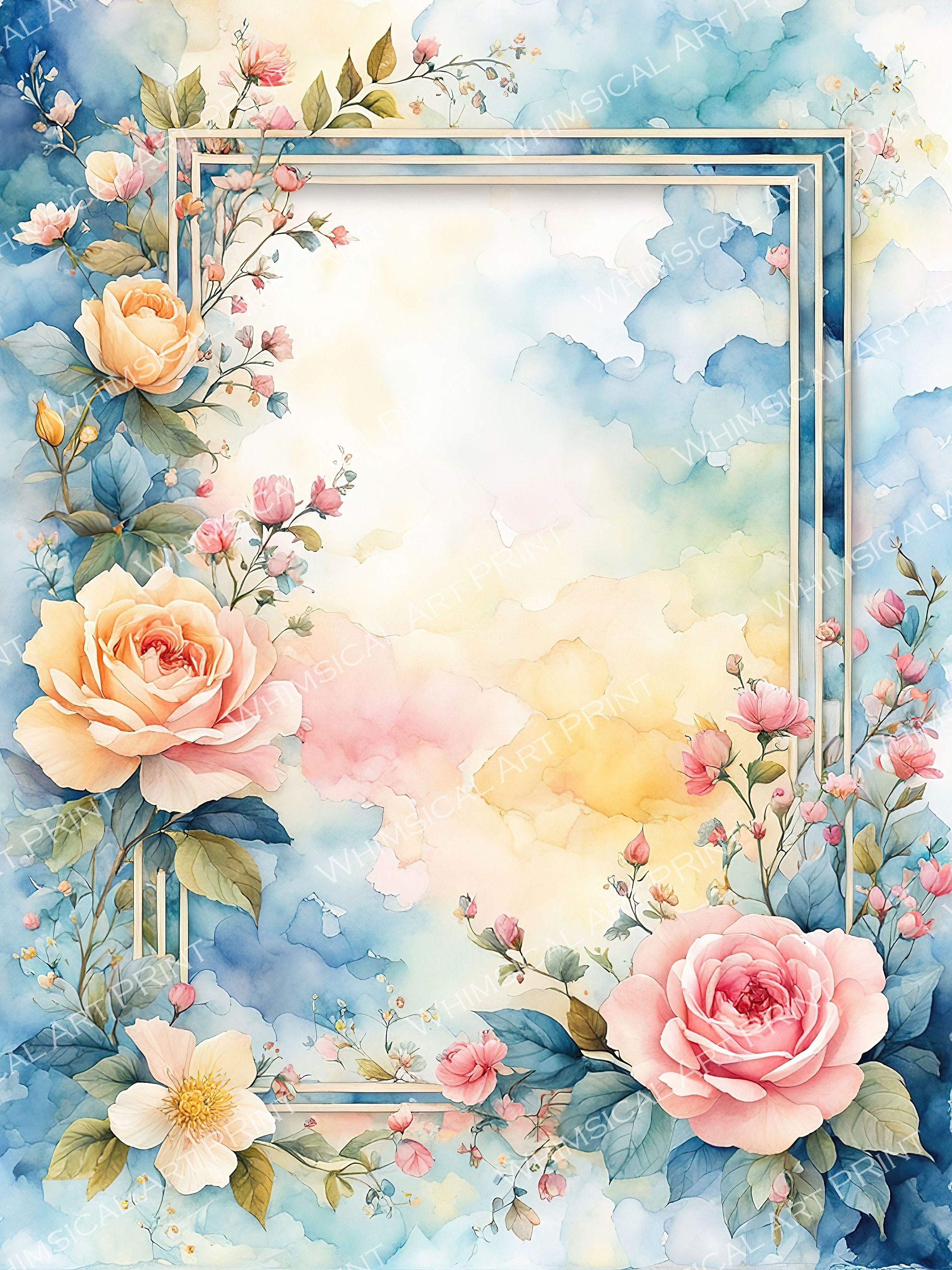 Watercolor Colorful Pastel Flower Border Digital Paper Pack, Botanical ...