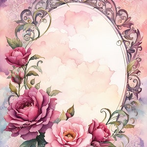 Watercolor Pink & Mauve Flowers Border Digital Paper Pack, Botanical ...