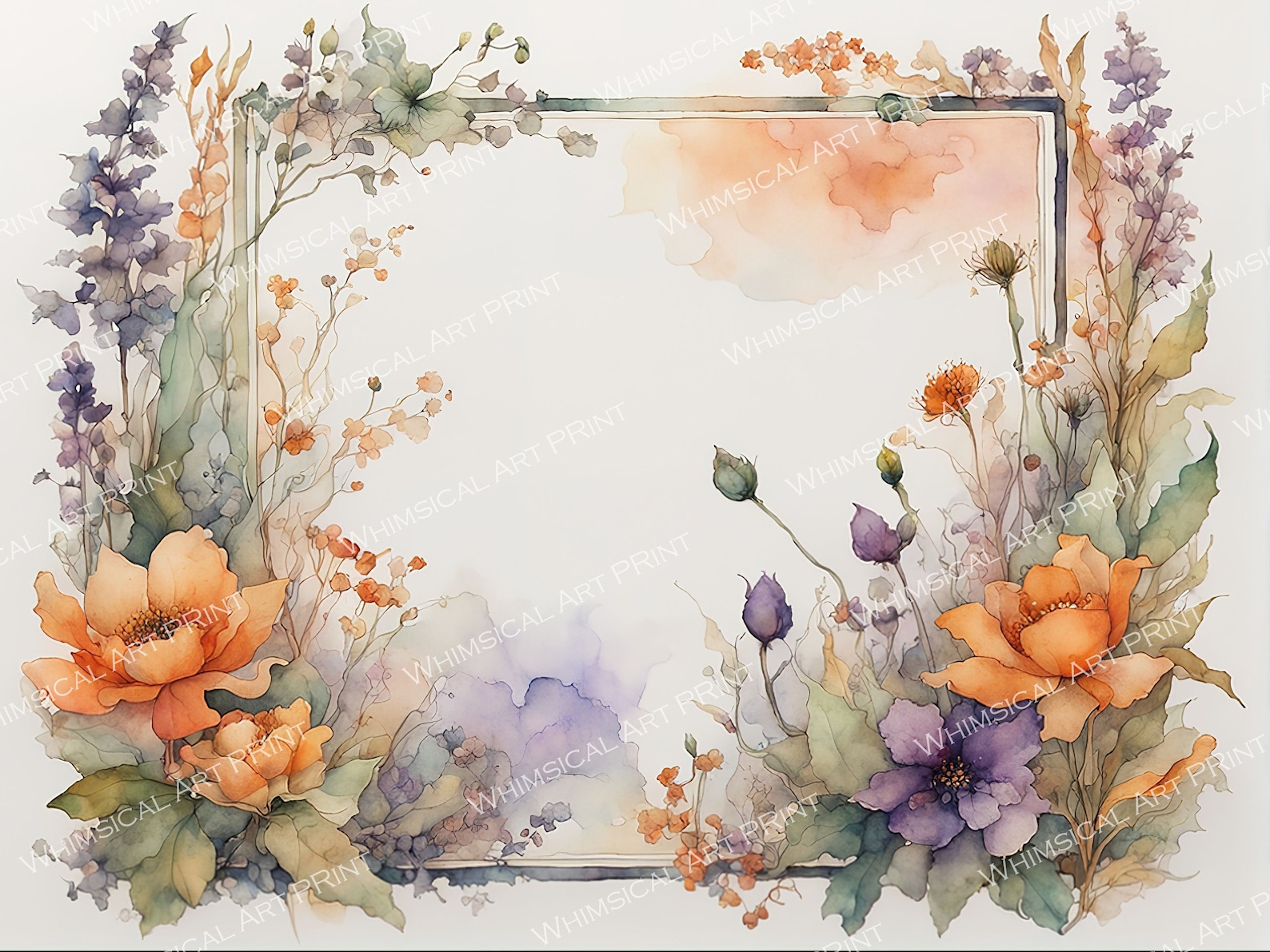 Watercolor Floral Frame Digital Paper: Orange & Purple (10 Jpgs ...