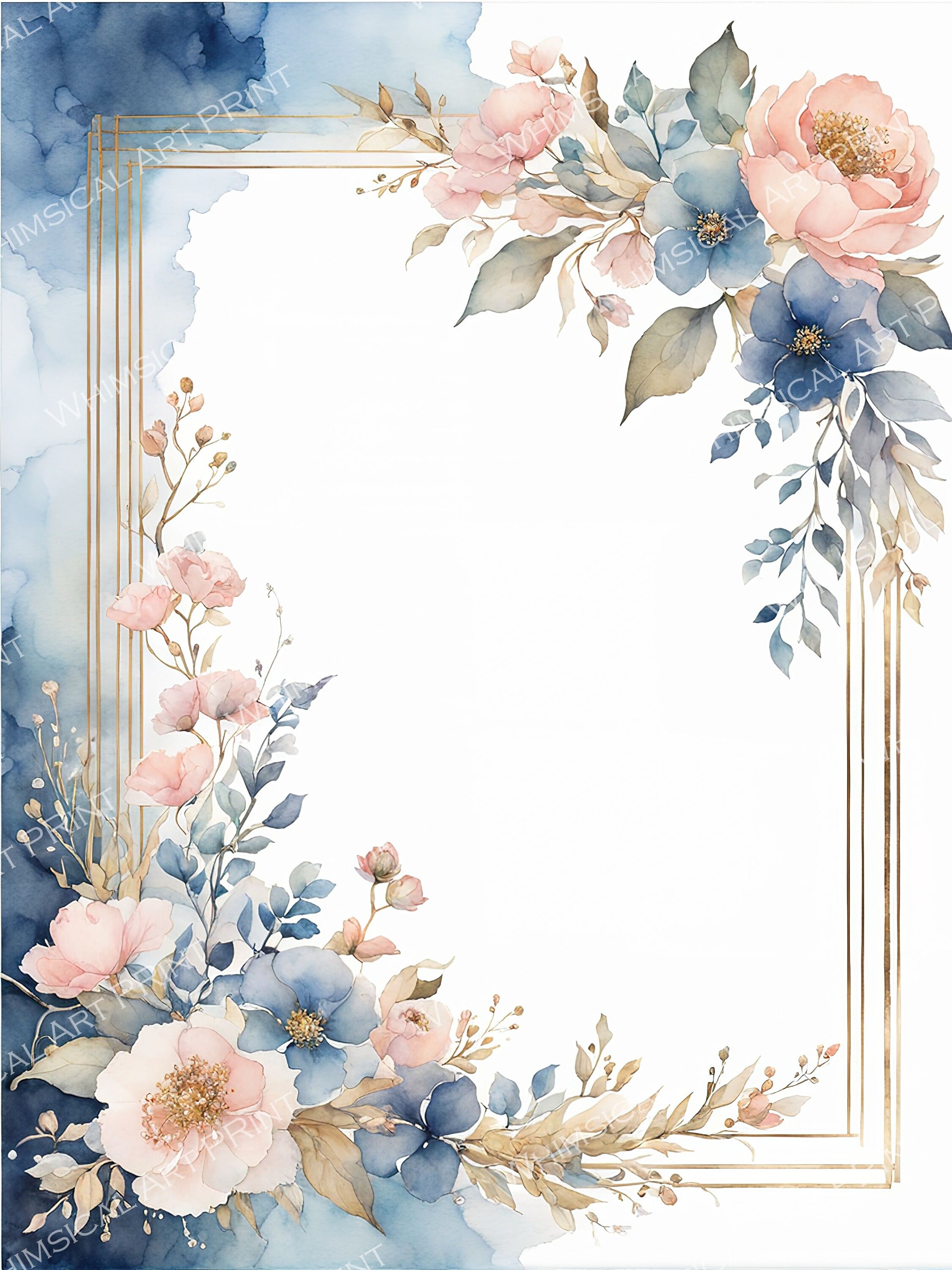 Watercolor Pink and Blue Pastel Border Digital Paper, Botanical Frame ...