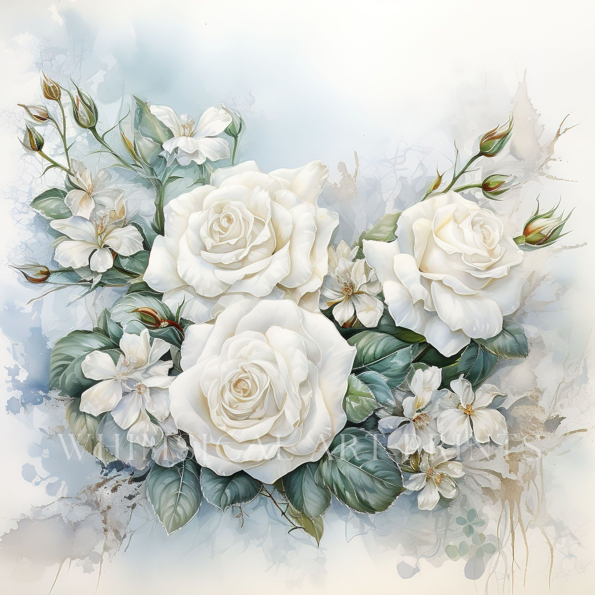 Romantic White Roses Digital Paper, Background Graphics, Watercolor ...