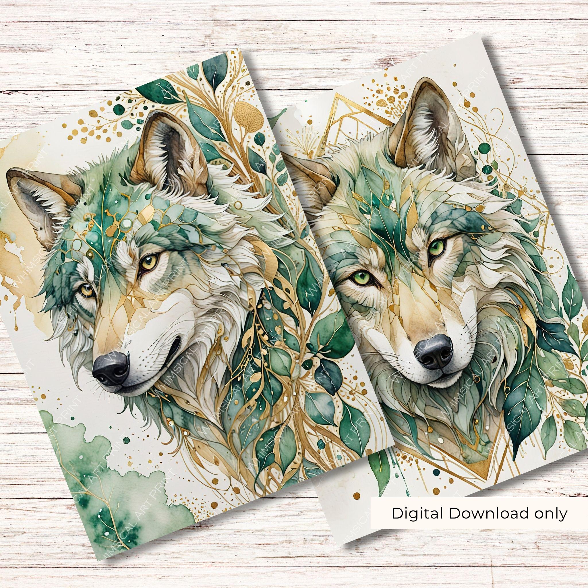 Watercolor Wolf Portrait Digital Paper: Botanical Scrapbooking Jpgs ...