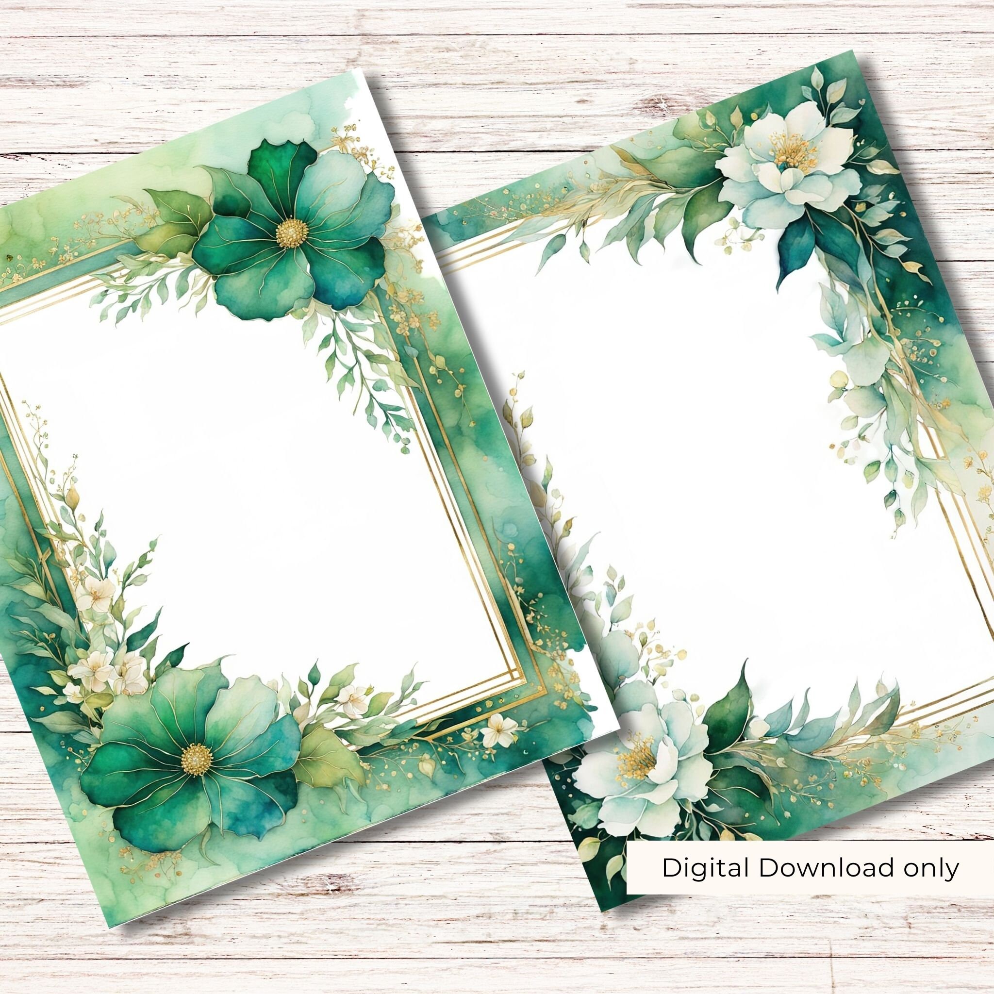 Emerald Green Floral Frame: Botanical Watercolor Art (10 Jpgs Digital ...
