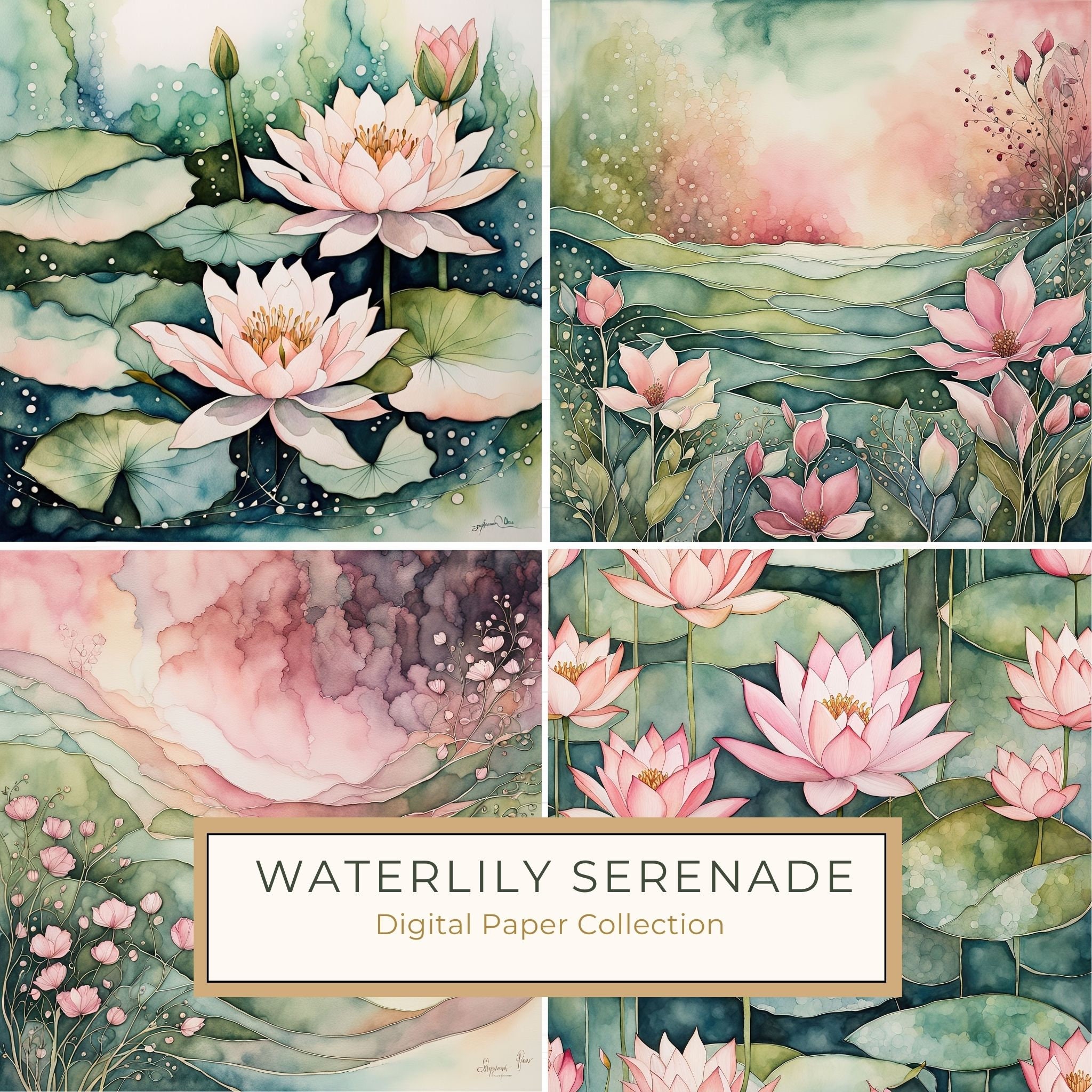 Waterlily Serenade Digital Paper Set, Dusty Rose & Sage Watercolor ...