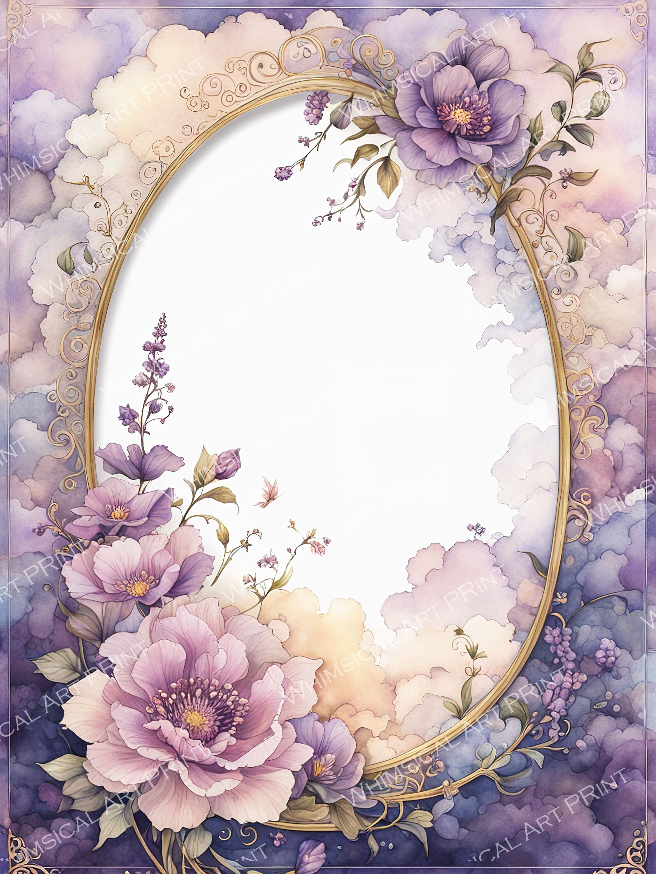 Watercolor Floral Frame Digital Paper: Boho Purple Wedding Stationery ...