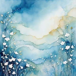 Blue Skylight Bohemian Floral Digital Paper Set, Sky Blue and White ...