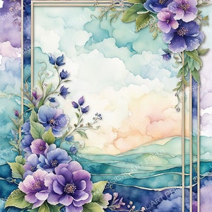 Watercolor Purple Floral Frame Digital Paper Pack, Deep Teal Accents ...